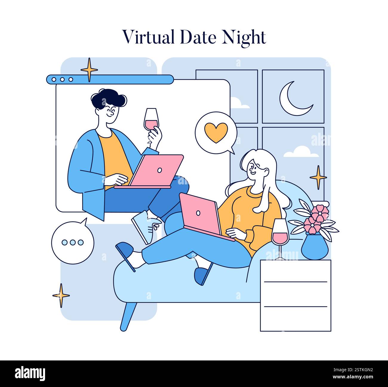 Long Distance Love concept. Virtual date night for couples separated by ...