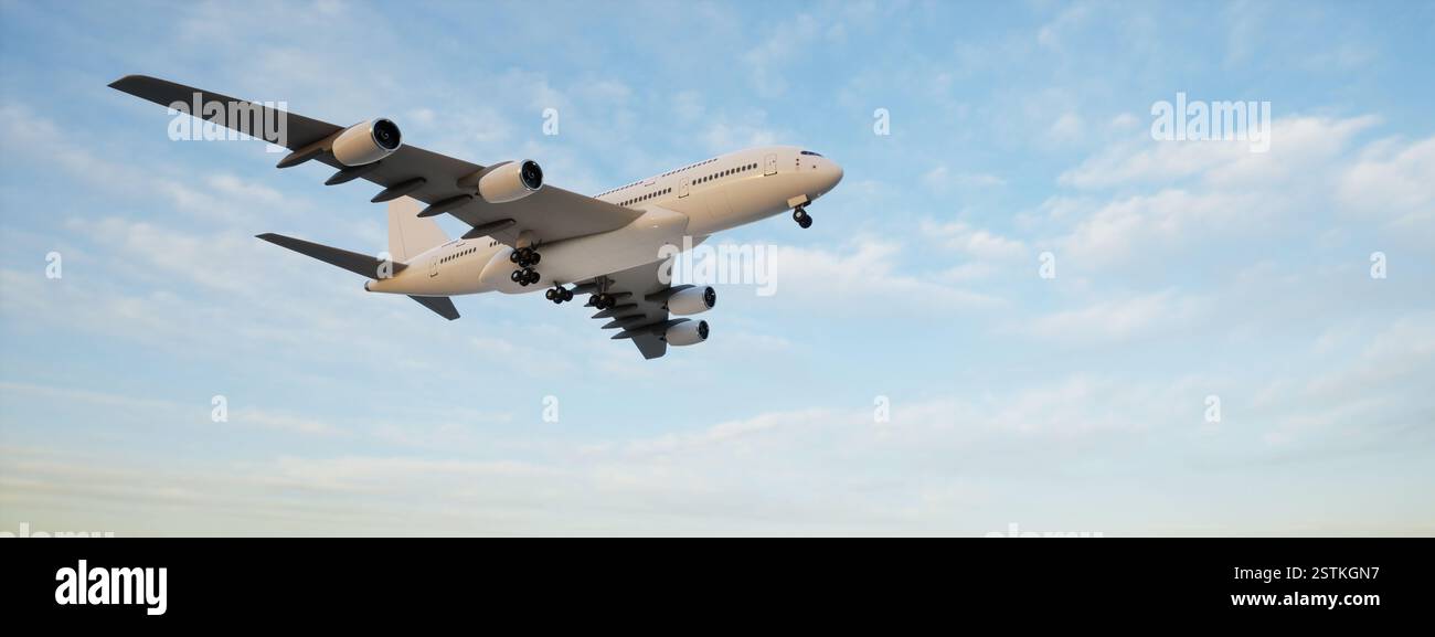 Conceptual flying white passenger jetliner or commercial plane after ...