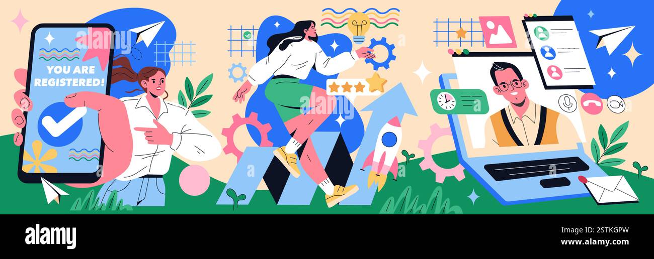 Workshops concept. Engaging illustration of individuals interacting and learning in a digital ...