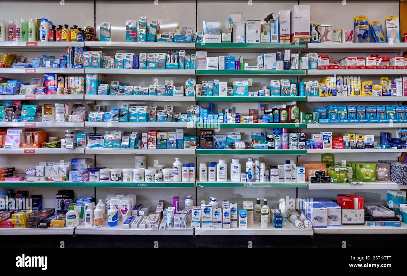 Pharmacy shelf, chemist shop, items, medications, medicines, stock ...