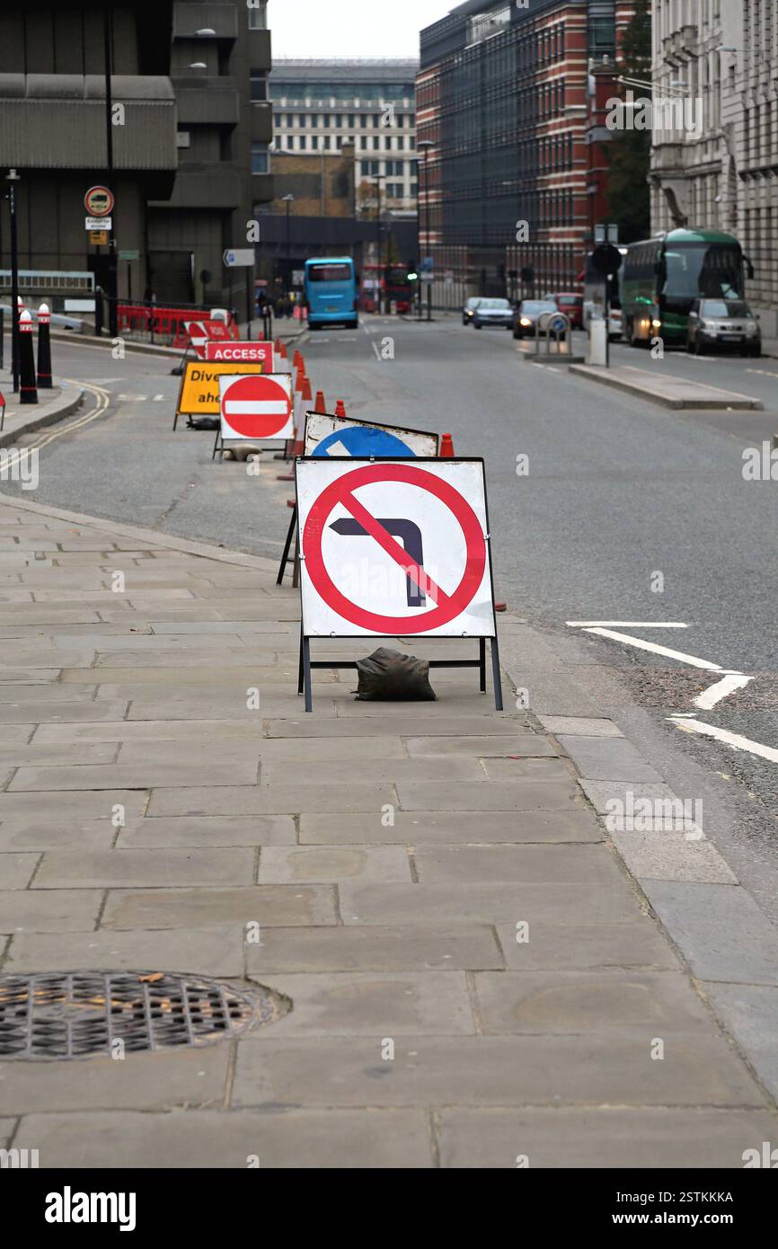 No left turn traffic sign diversion at street construction works hi-res ...