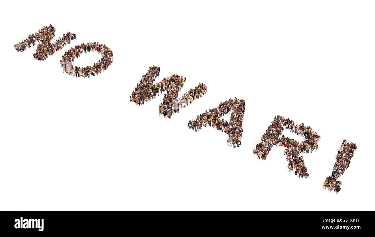 Concept conceptual large community of people forming NO WAR message. 3d ...