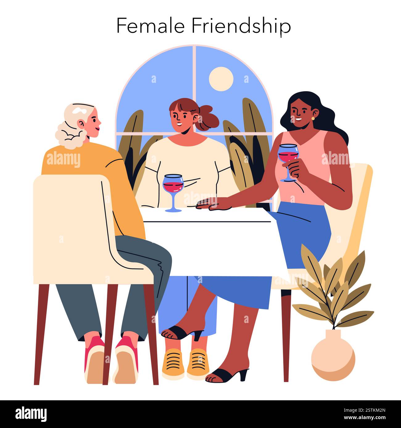 Female friendship illustration. A warm gathering of women enjoying each ...