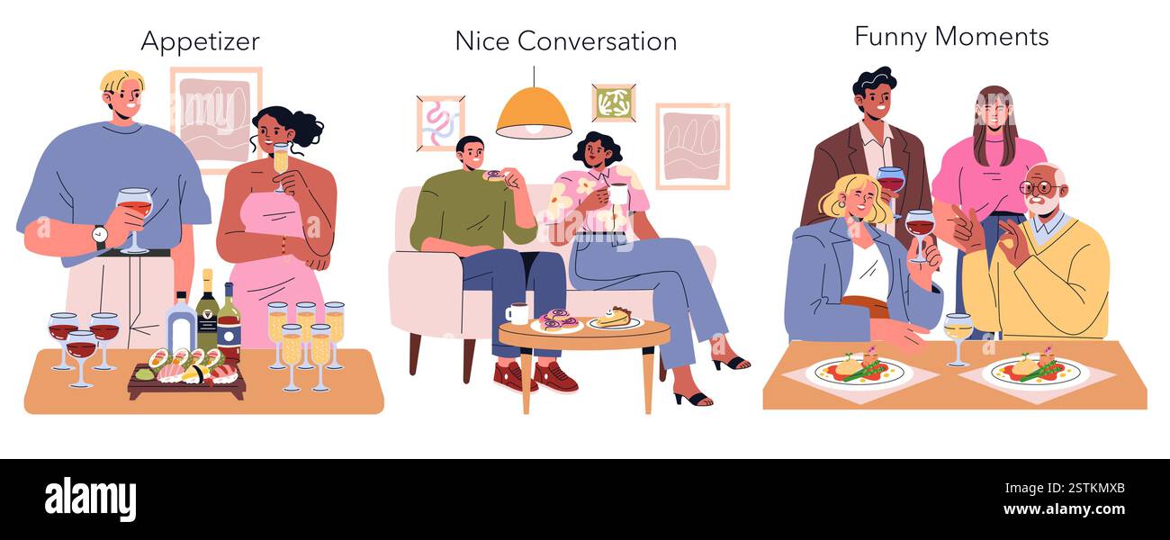 Dinner party scene with various interactions among friends, featuring ...