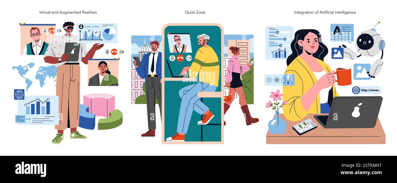 Modern office dynamics featuring virtual communication, quiet ...