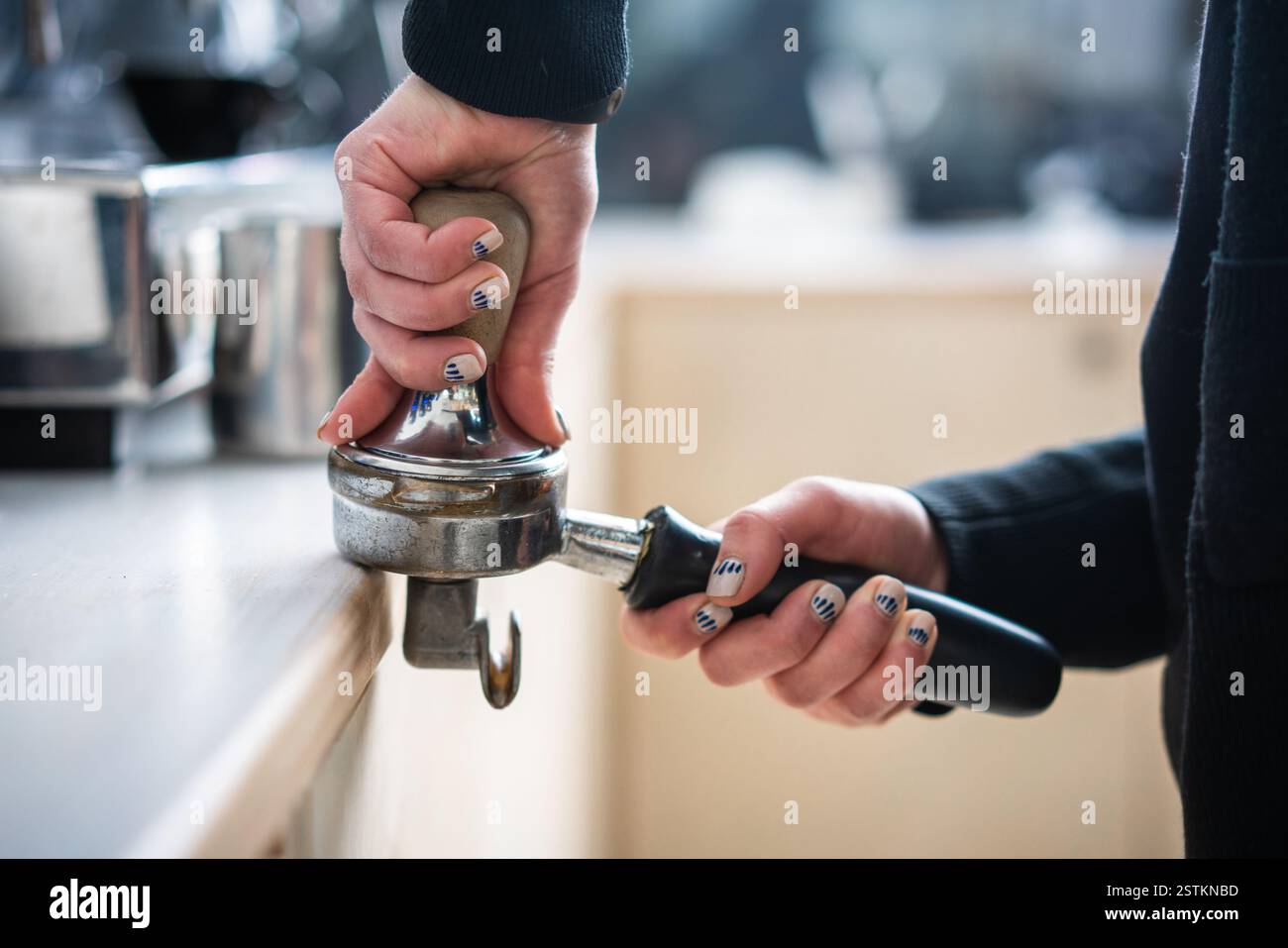 Barista presses ground coffee using tamper. Close-up view on hands ...