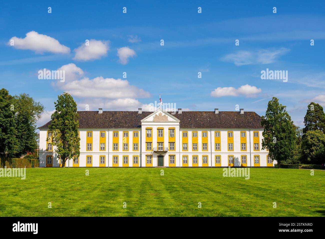View of Baroque facade of Augustenborg Palace from garden, Augustenborg ...