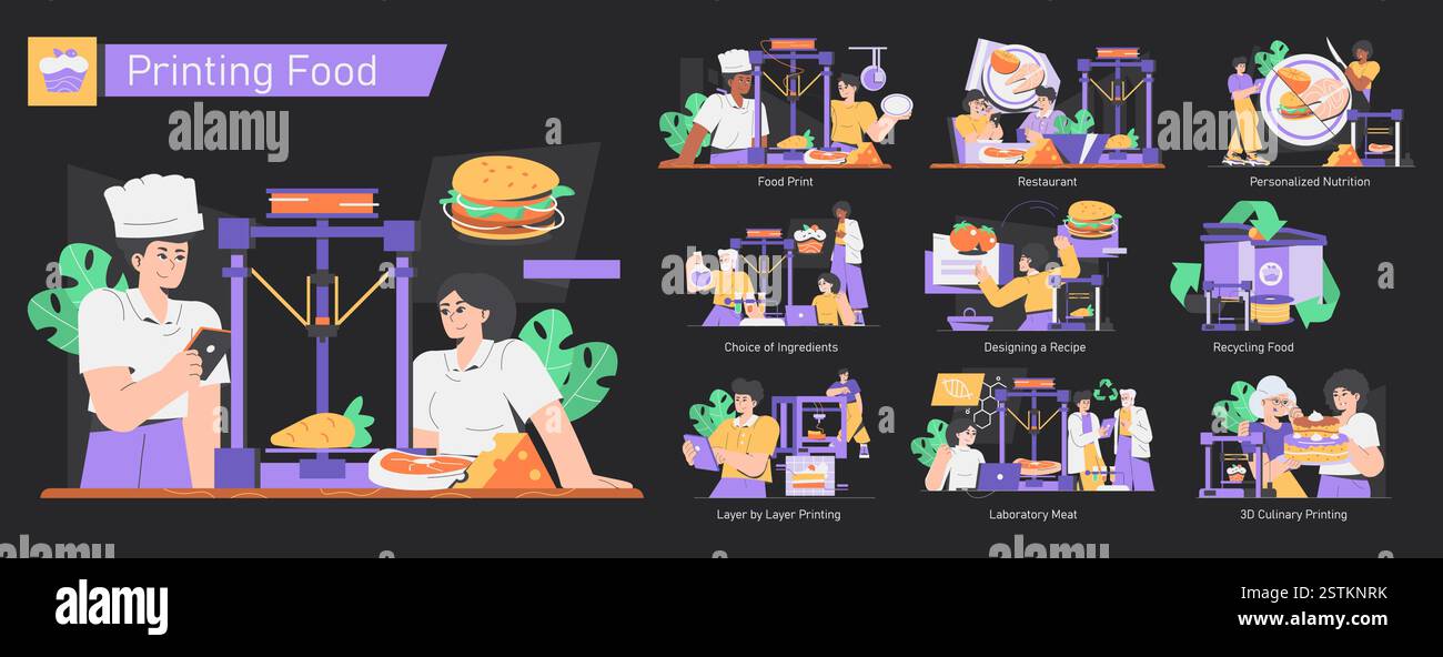 Printing Food set. Culinary innovation with 3D printing technology ...