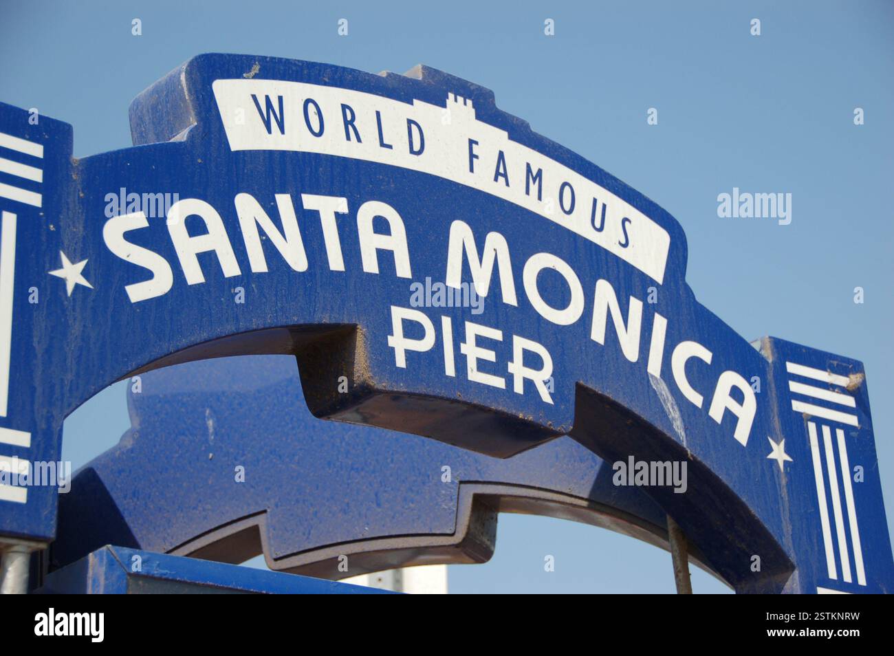 Large and iconic blue and white World famous Santa Monica pier sign on ...