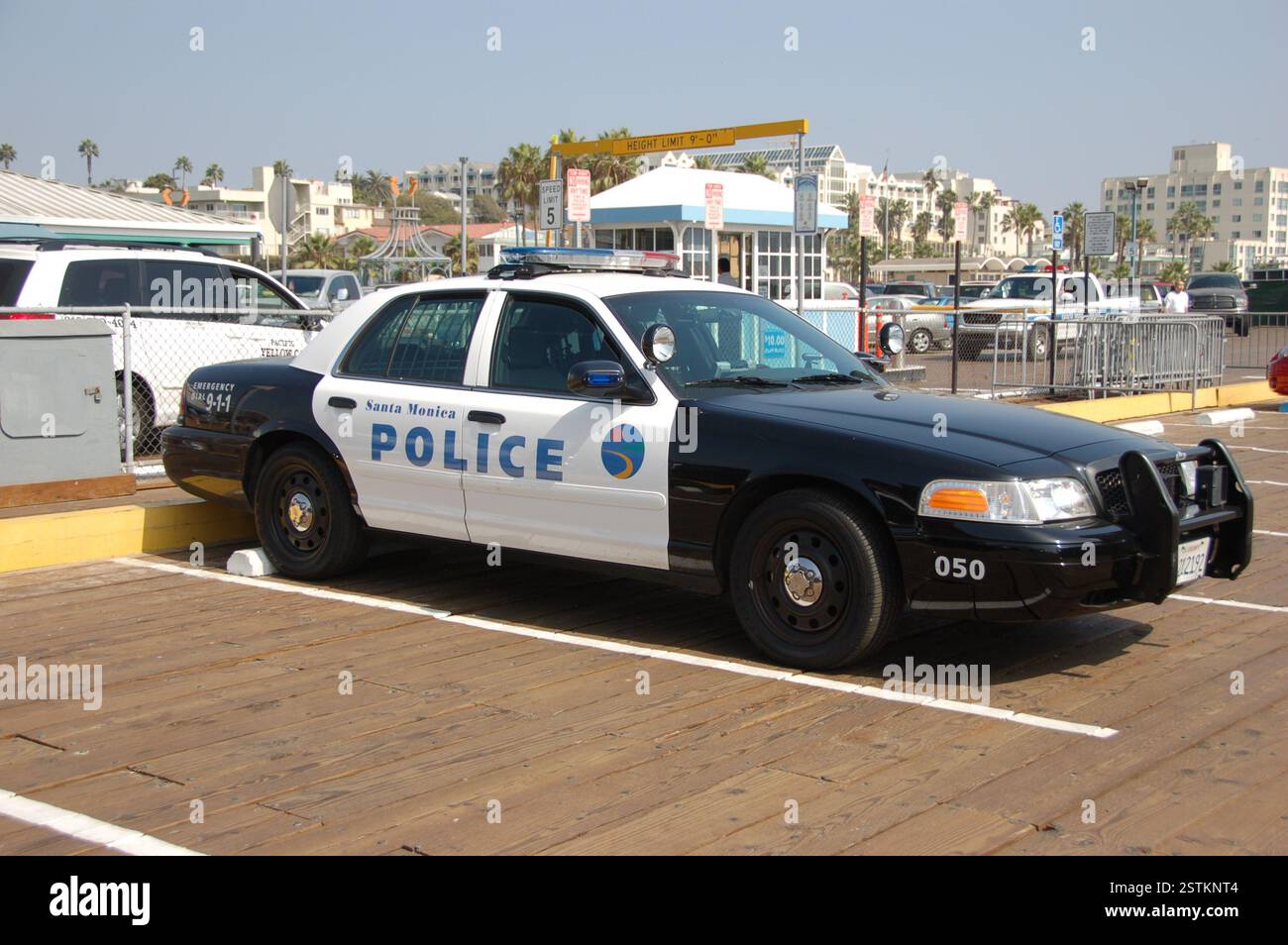 Black and white Police car parked at the edge of the iconic Santa ...