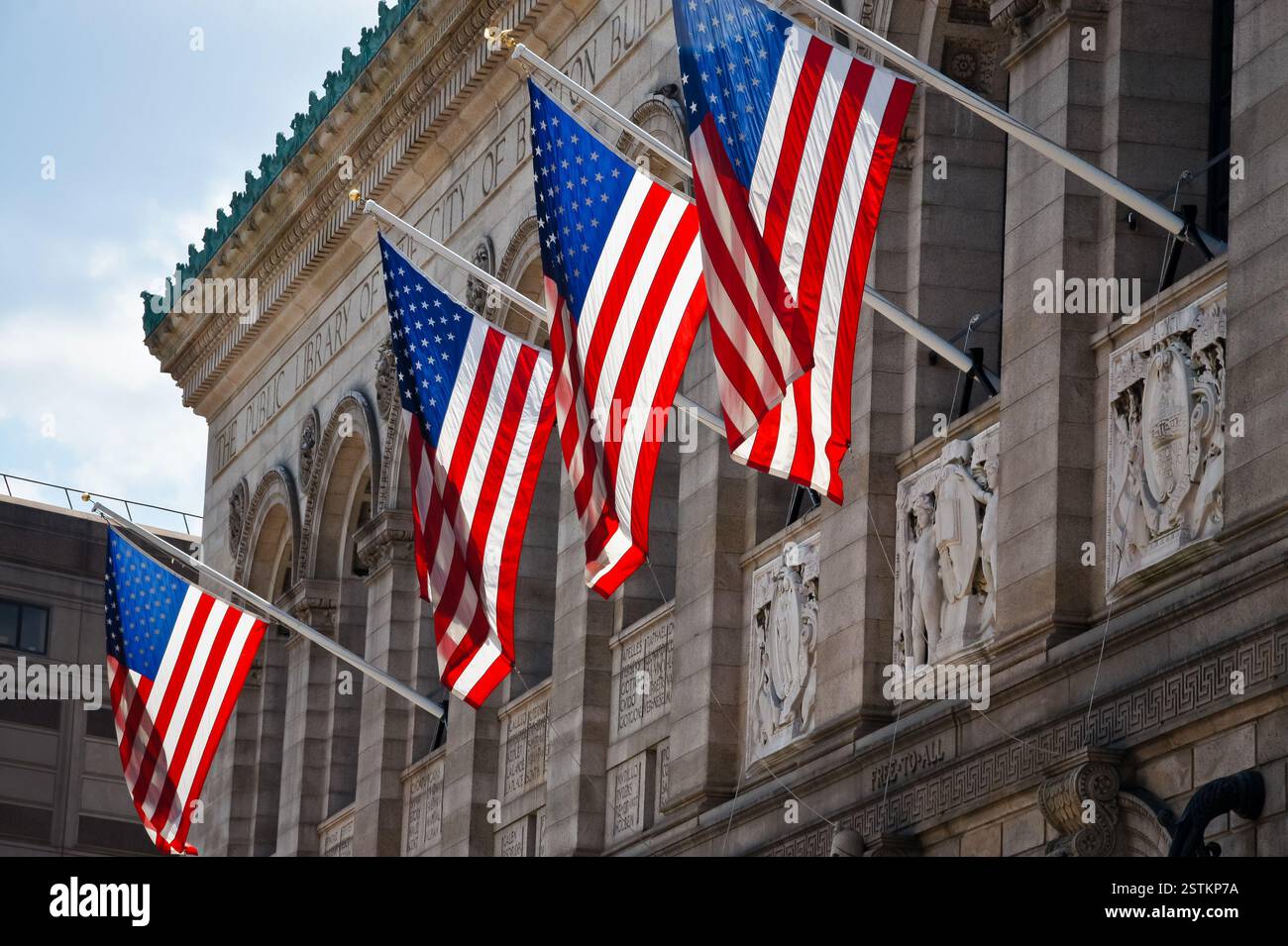 Boston Public Library. American flags. Architectural details. Boston ...