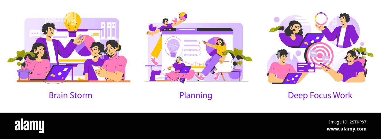 Work focus illustration series. The visuals capture brainstorming ...