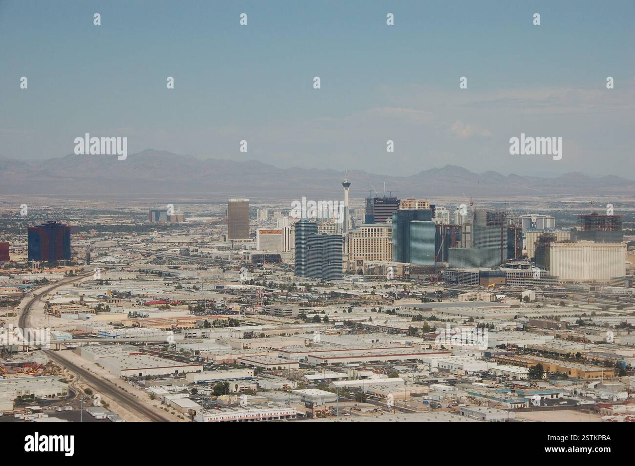 A view of famous Las Vegas, Nevada from above, from a plane descending ...