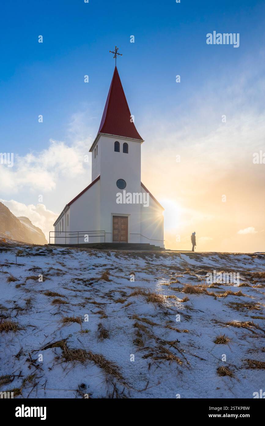 View of Víkurkirkja, Vik's church with red rooftop. Vik i Myrdal ...