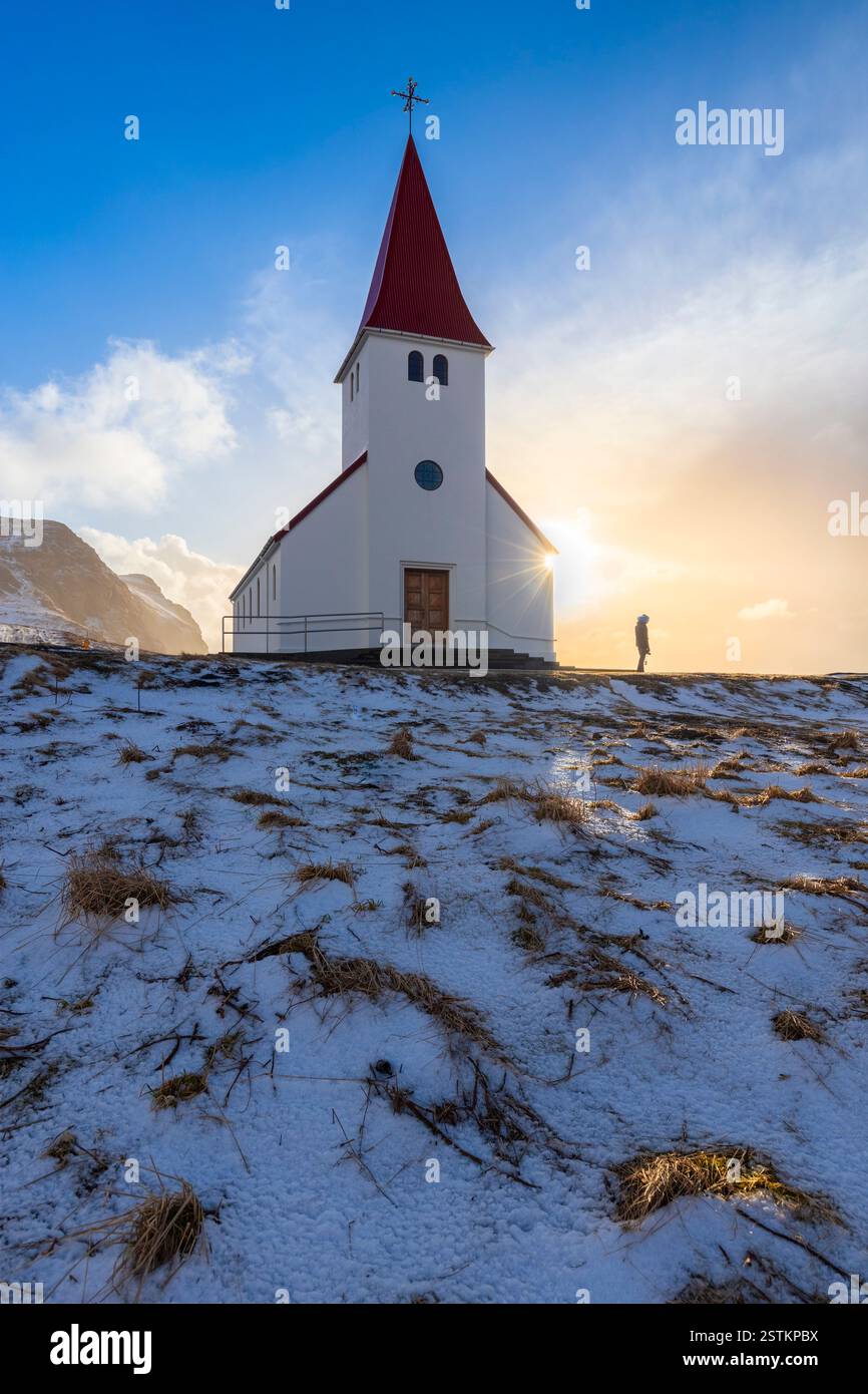 View of Víkurkirkja, Vik's church with red rooftop. Vik i Myrdal ...