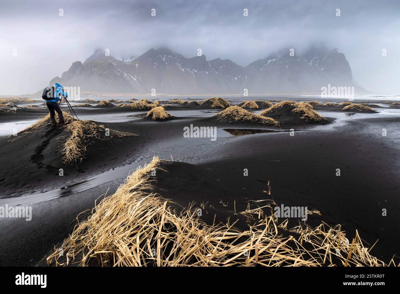 View of the black sand dunes in front of Vestrahorn mountain. Stokksnes ...
