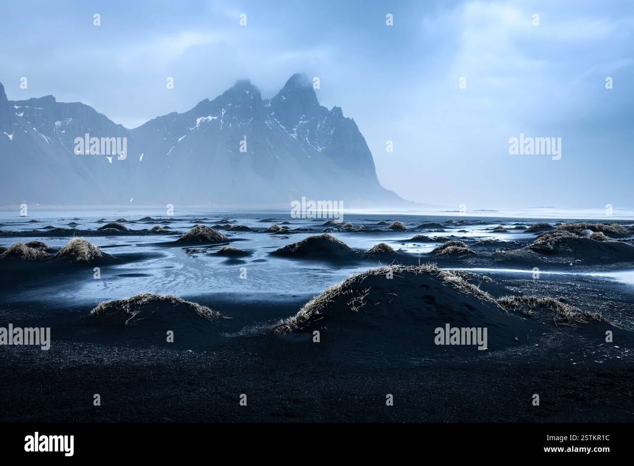 View of the black sand dunes in front of Vestrahorn mountain. Stokksnes ...
