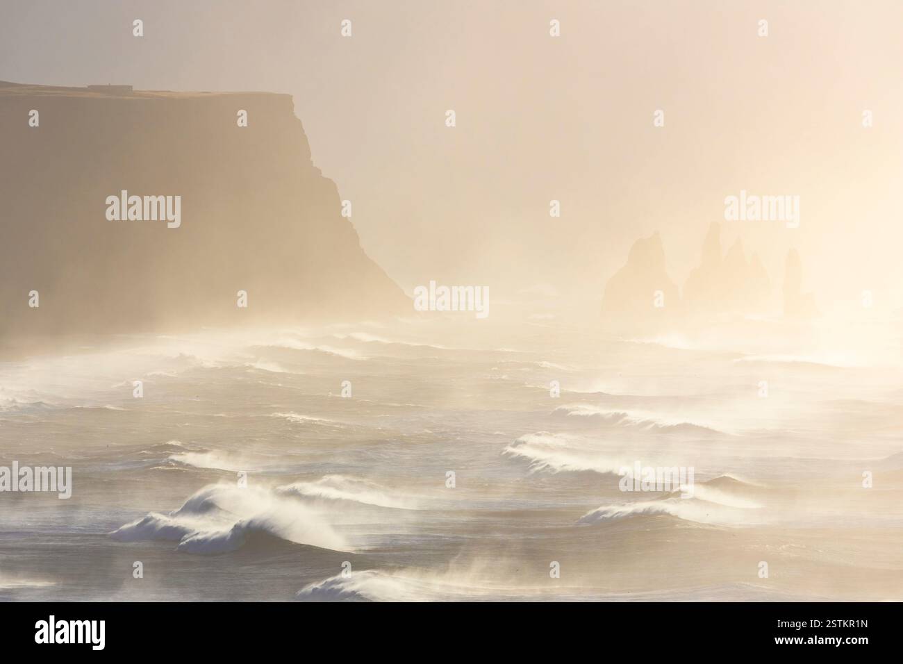 View of the sea stacks near Reynisfjara beach during sunrise in winter ...