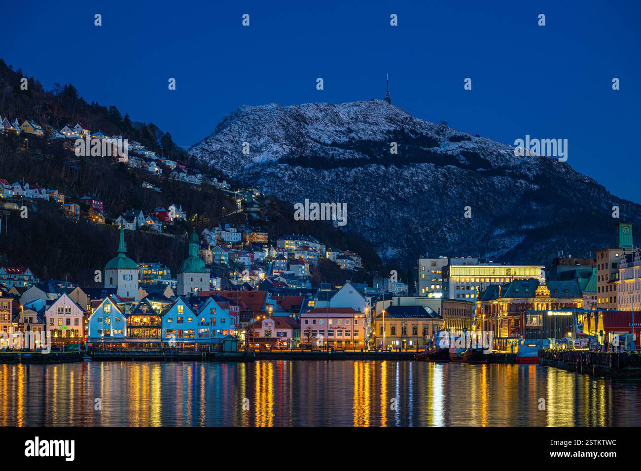 Bergen by night time in winter . Bergen is the second largest city in ...