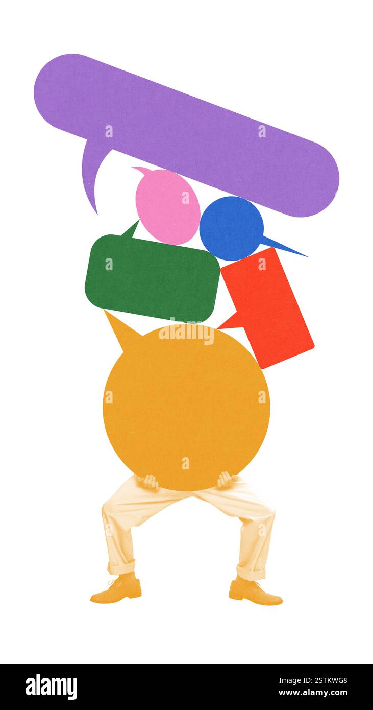 Figure balancing oversized speech bubbles, representing weight of ...
