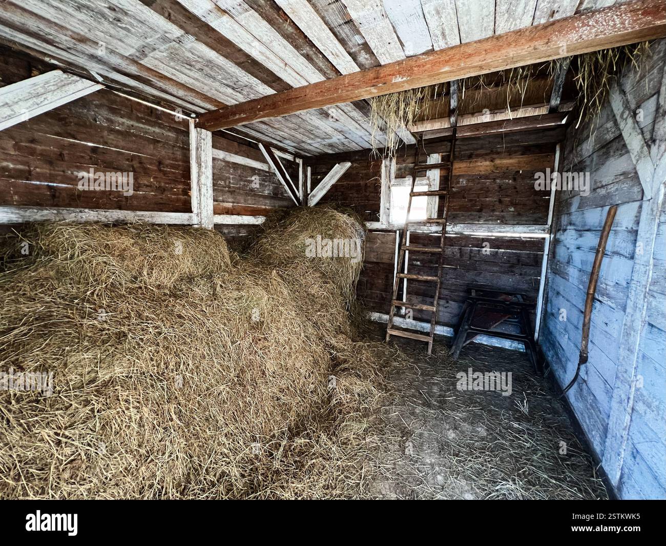 Rustic barn interior with wooden walls, hay piles, and rustic farming ...