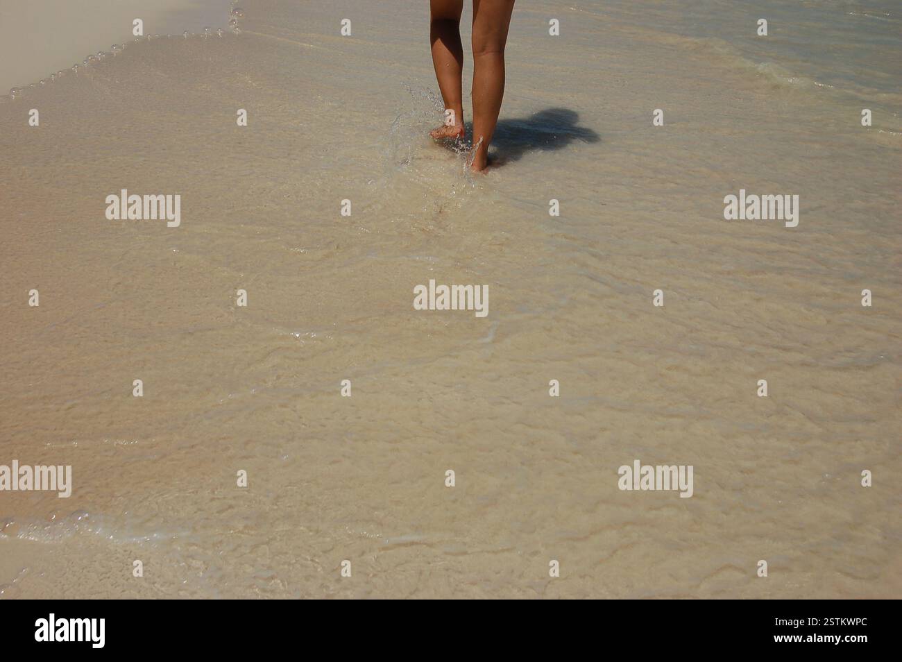 A young woman walking barefoot on the beach in the shallow water. Her ...