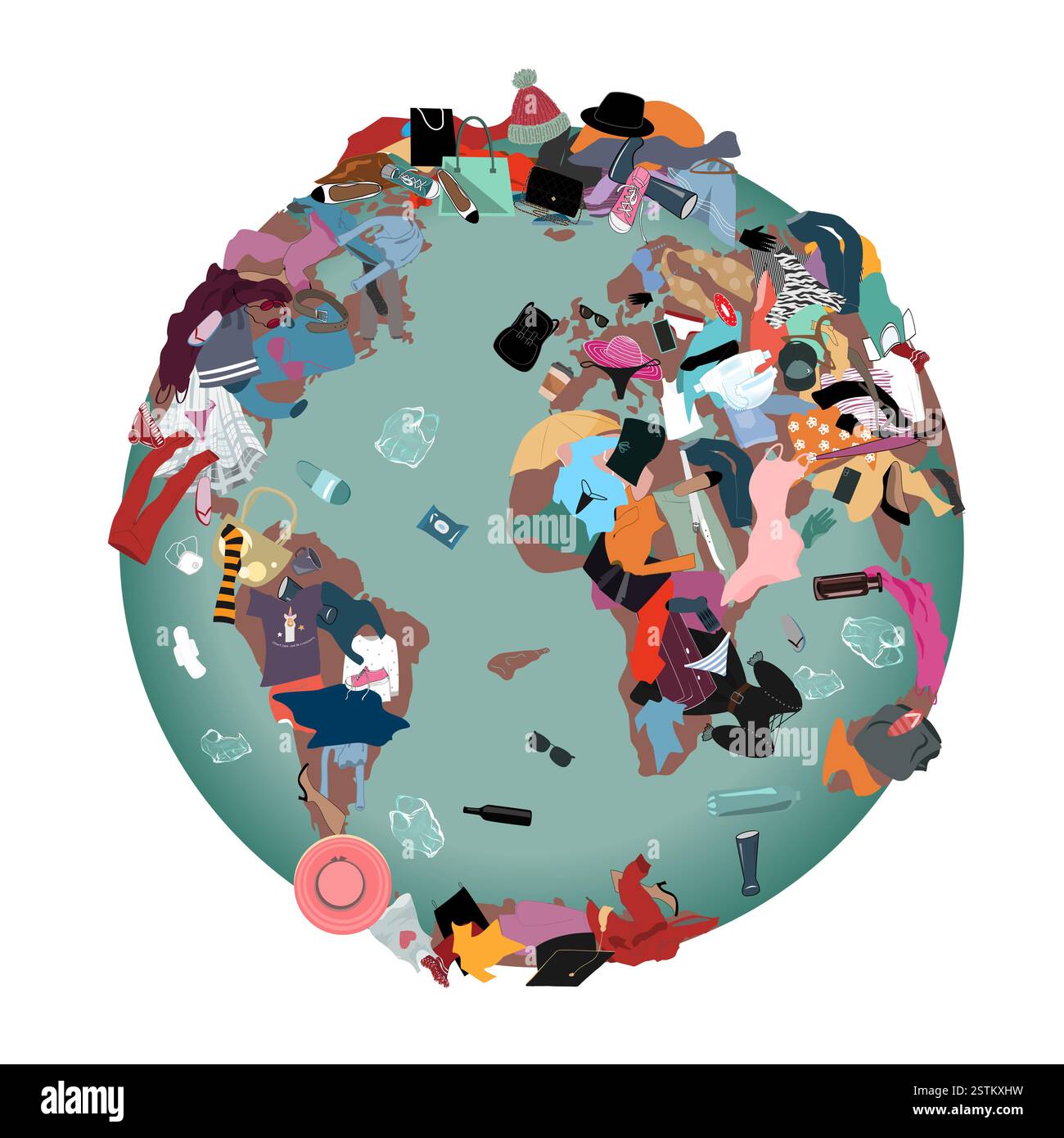 Earth planet covered with old and unnecessary clothing. Clothes recycle ...