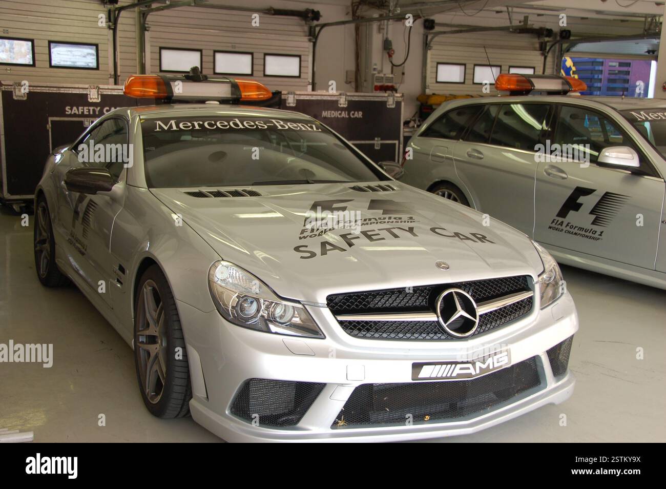 Silver Mercedes Safety Car in a garage at Hungaroring, arriving for the ...