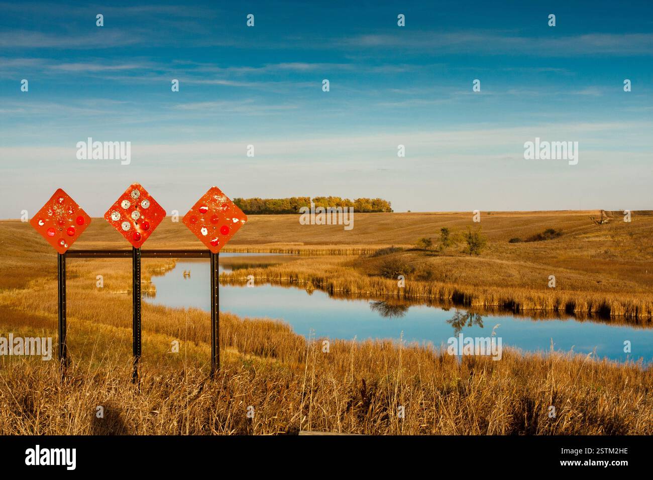 Three diamond-shaped orange and red road signs, adorned with reflectors ...