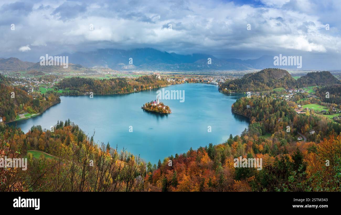 This stunning view of Lake Bled captures its turquoise waters, a ...