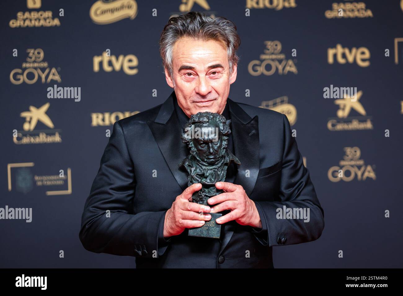 Granada, Spain. 8th February 2025. Eduard Fernández holds the Goya ...