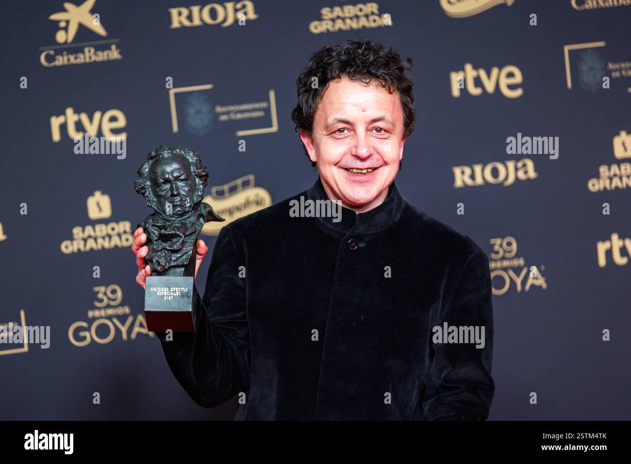 Granada, Spain. 8th February 2025. Iván López Hernández holds the Goya Award for Best VFX for ...