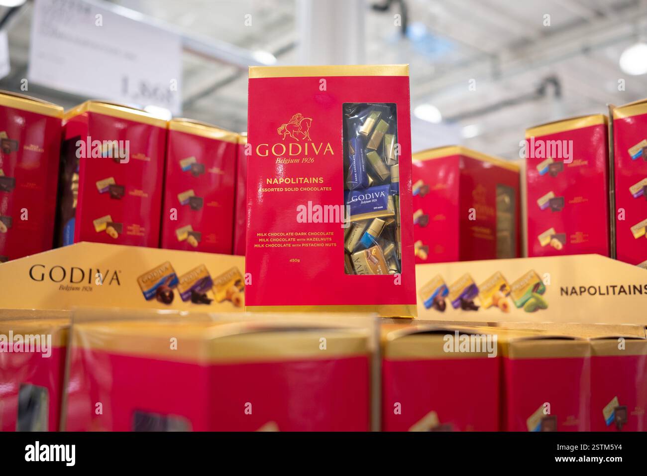Godiva Napolitains Assorted Chocolate red box on a grocery shelf Stock ...