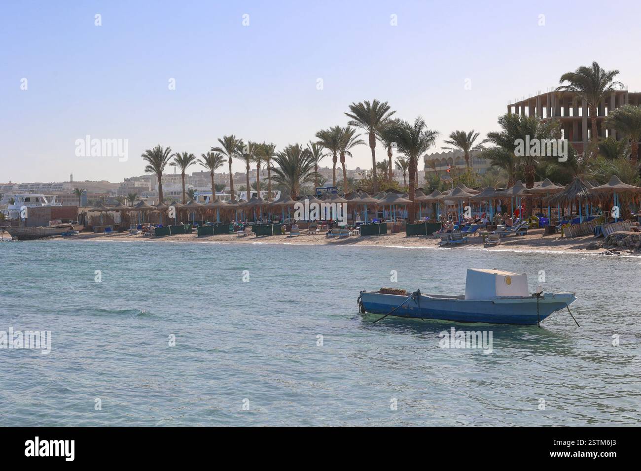 Hurghada, Egypt - 1/1/2025 - El Sakia beach with beach chairs and ...