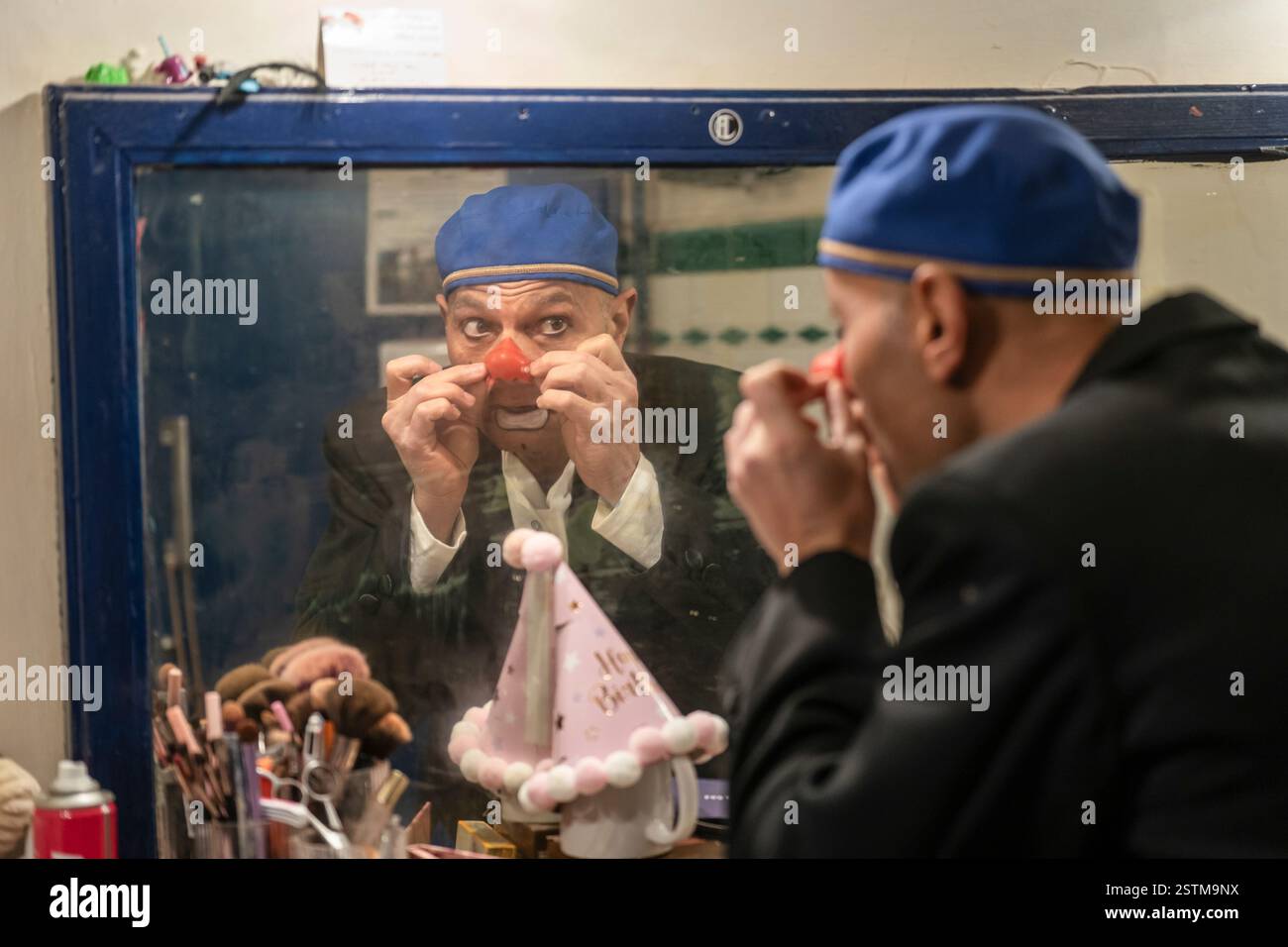 Clown Laci Junior gets ready backstage at Blackpool Tower Circus after ...