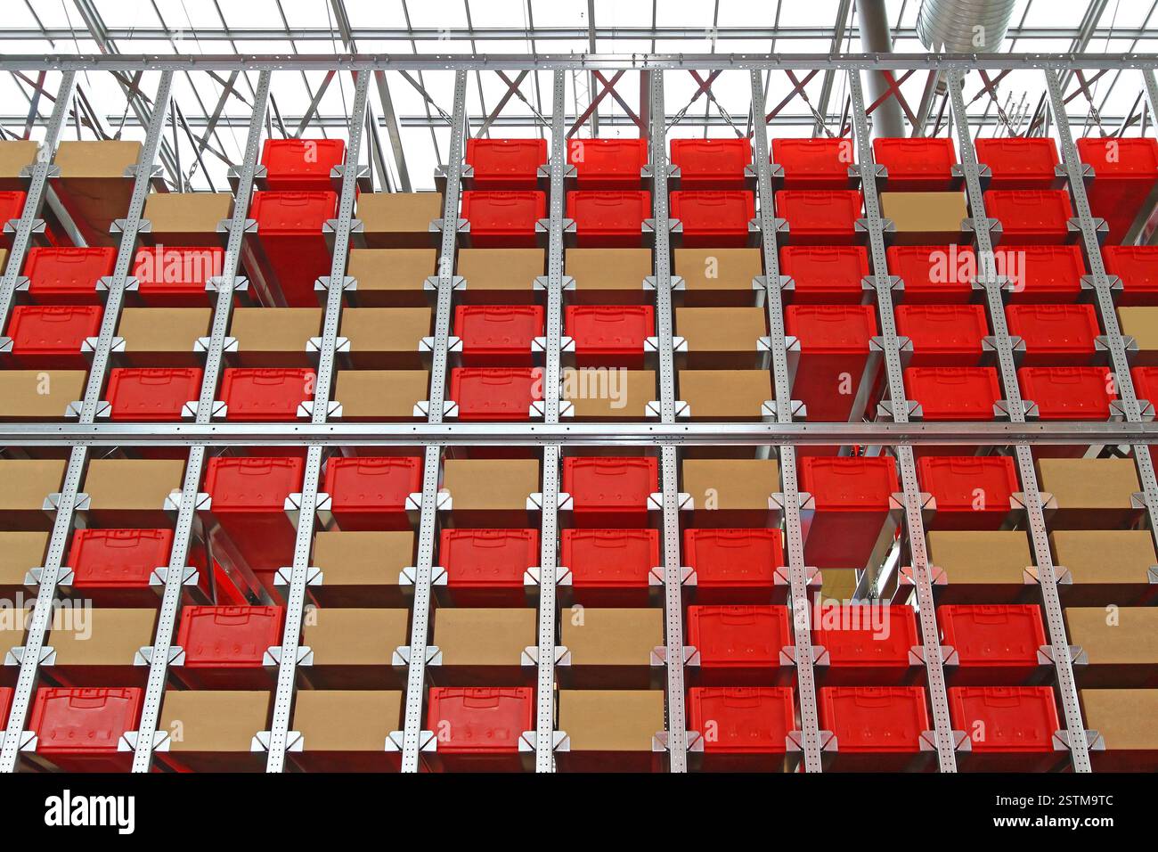 Boxes and crates at high rack shelves in automated warehouse hi-res ...