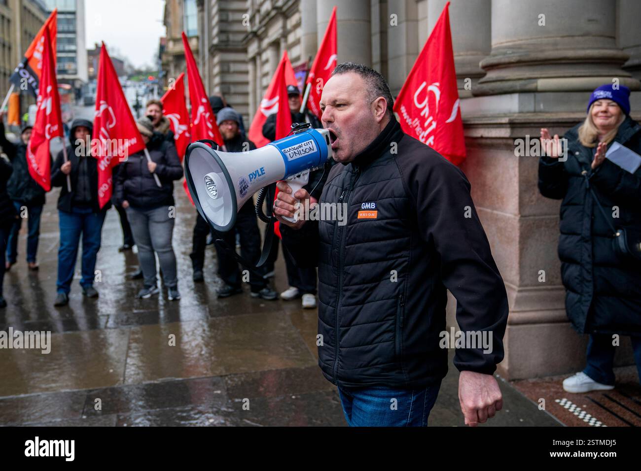 Convenor for GMB Scotland Chris Mitchell speaks as members of the ...