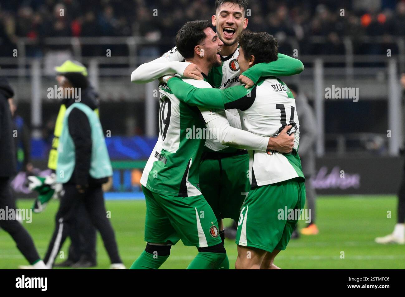 Julian Carranza, Jakub Moder and Hugo Bueno of Feyenoord celebrate at ...