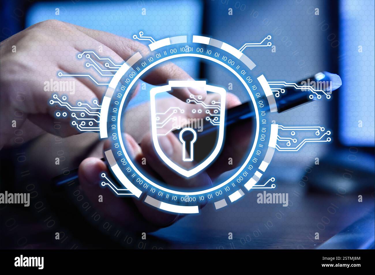 Hands using mobile phone with Digital shield with lock interface in ...