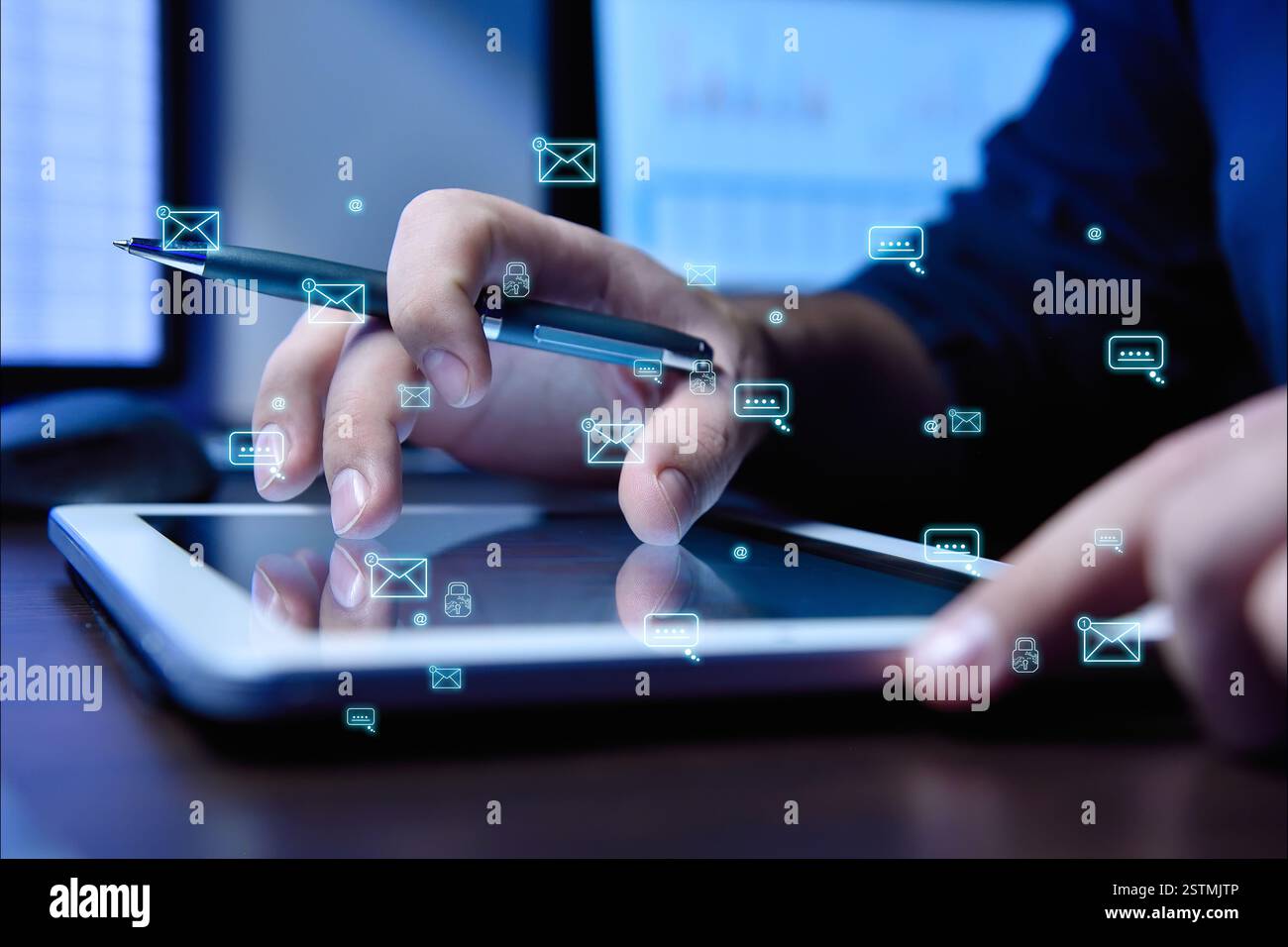 Hands with pen using digital tablet with social media icons. Global ...