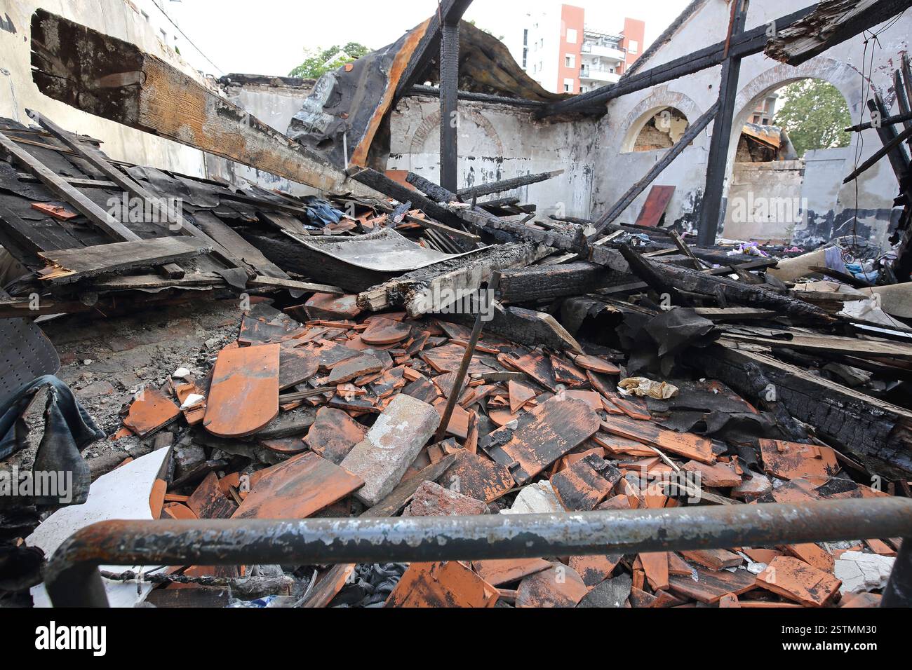 Burned Wooden Structure in Factory After Fire Disaster Stock Photo - Alamy