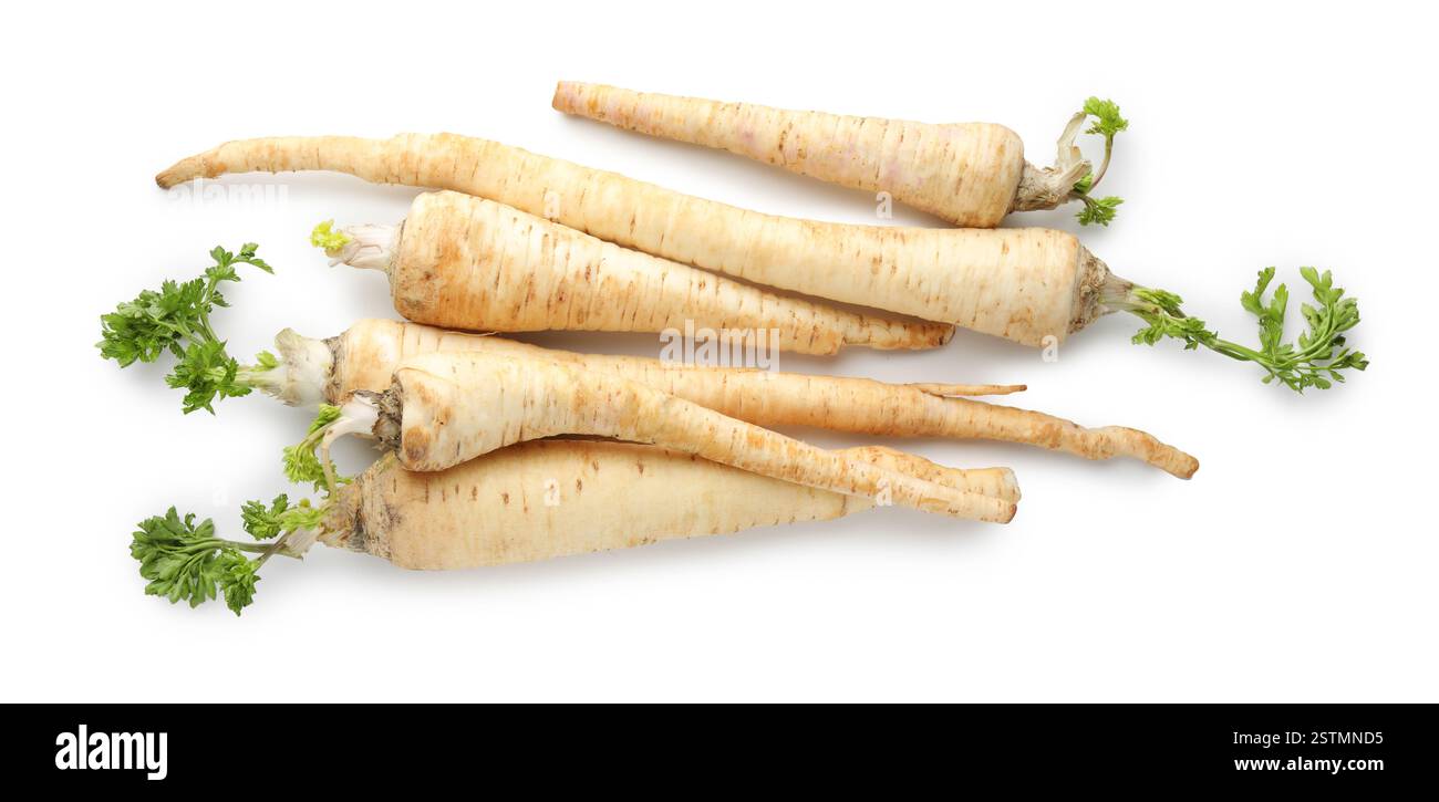 Many fresh parsley roots isolated on white, top view Stock Photo - Alamy