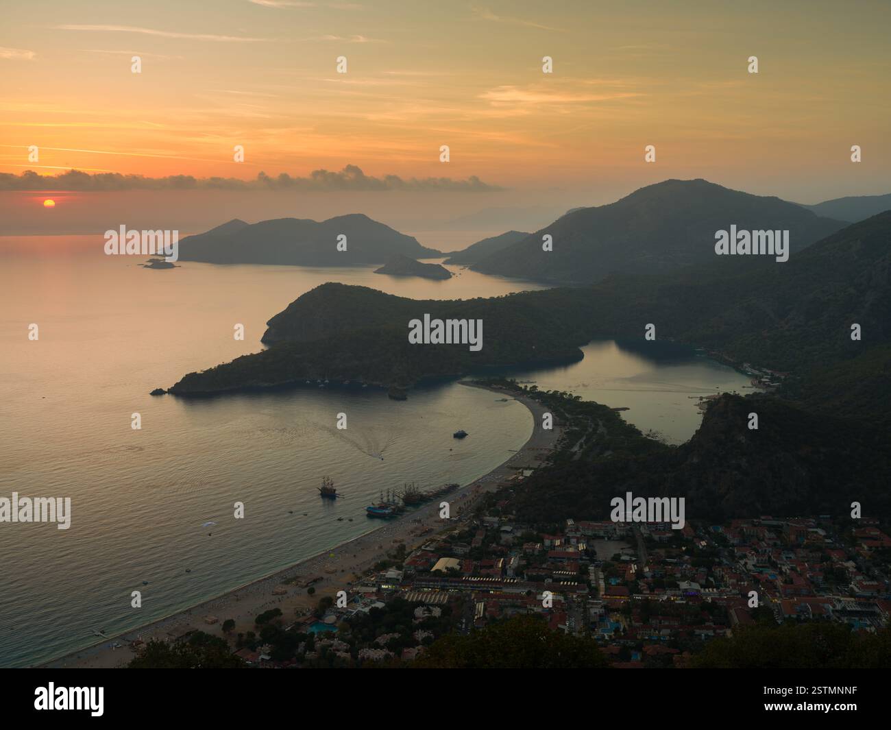 A beautiful sunset overhead view in the tourist town of Oludeniz ...