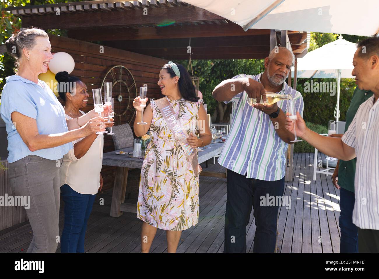 Celebrating outdoors, diverse senior friends of diverse senior friends ...