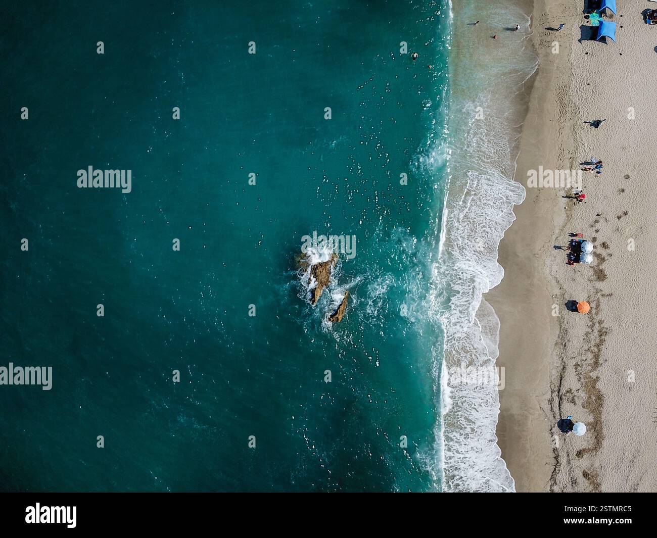 Aerial View From Flying Drone Of People Relaxing On Beach Stock Photo ...