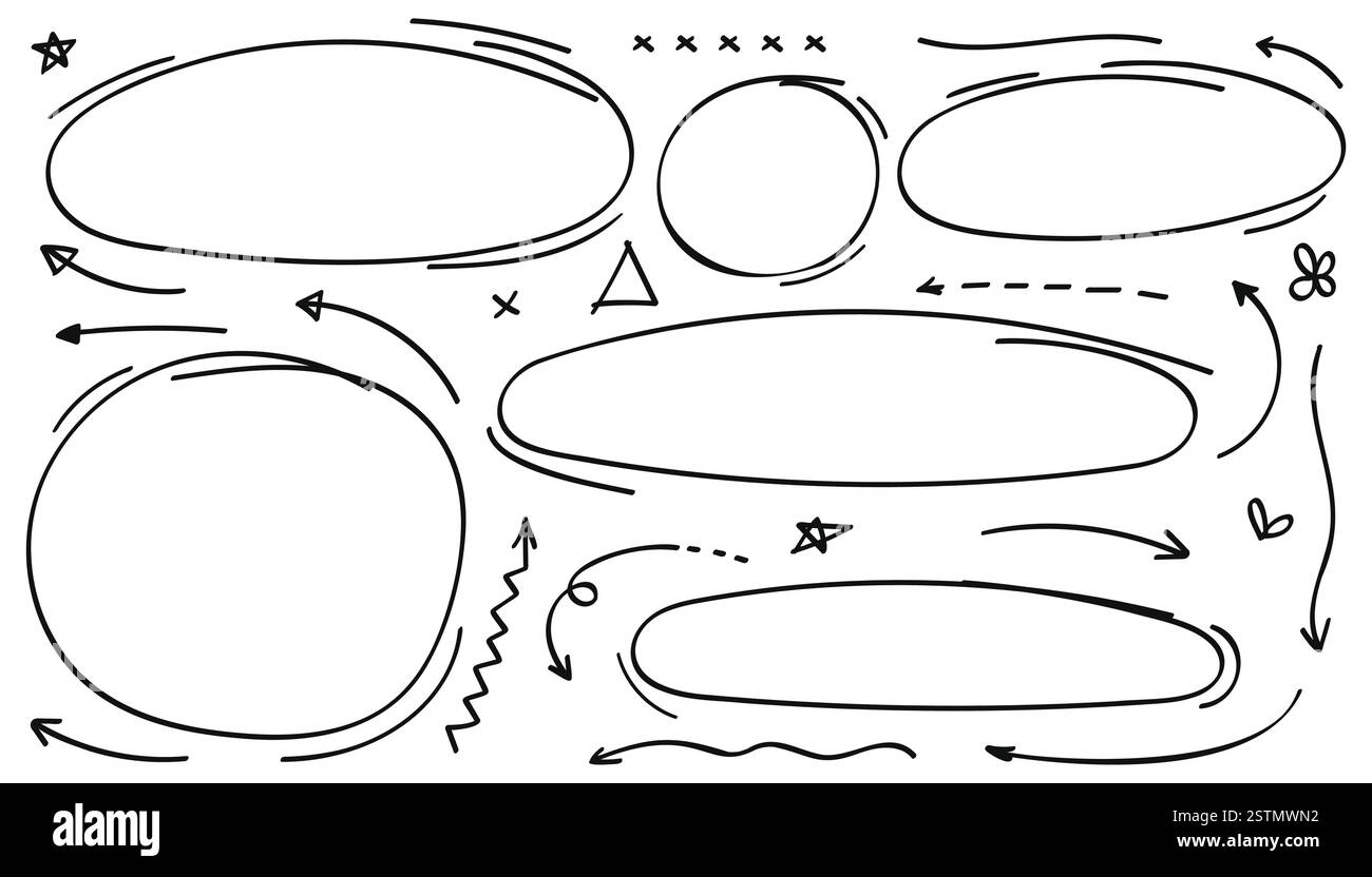 Hand drawing doodle style collection of arrows, circles and shape ...