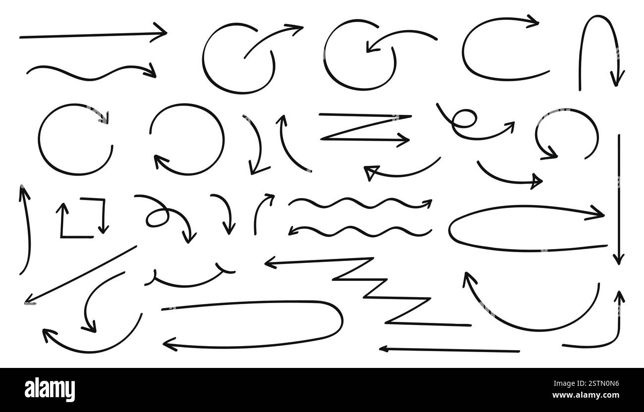 Hand drawn doodle style collection of arrows, circle and wavy ...