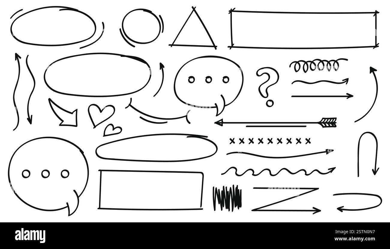 A collection of hand-drawn doodle elements, including speech bubbles ...