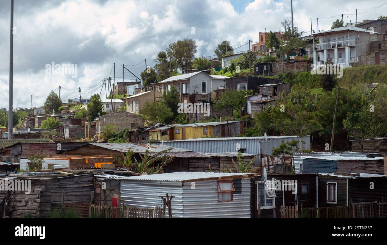 South Africa informal settlement on a hill, houses made of corrugated ...