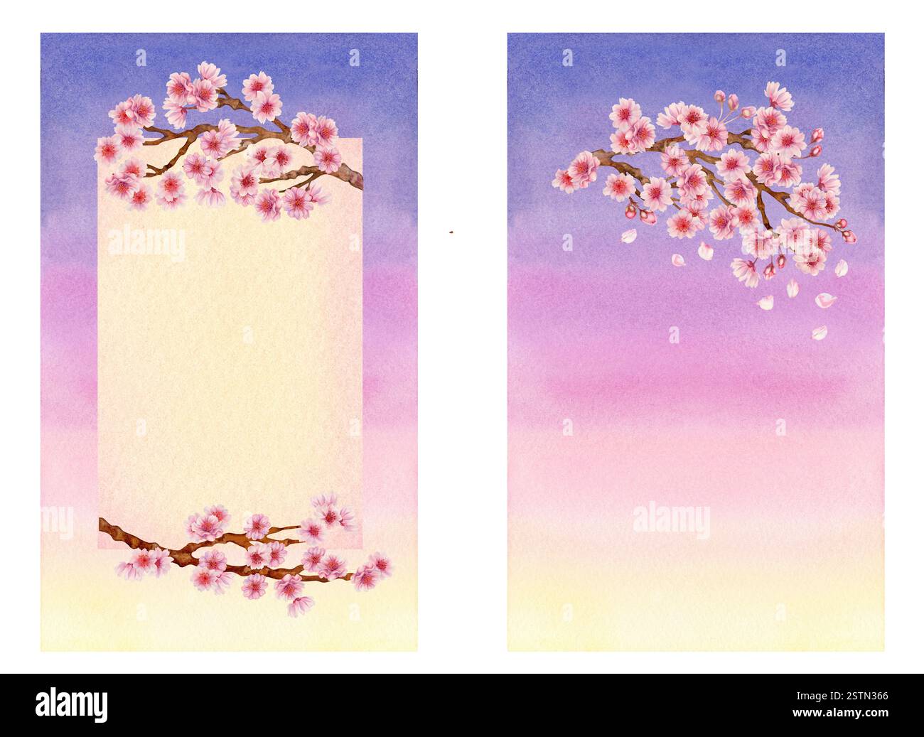 Vertical frames with blooming sakura with gradient background in pink ...